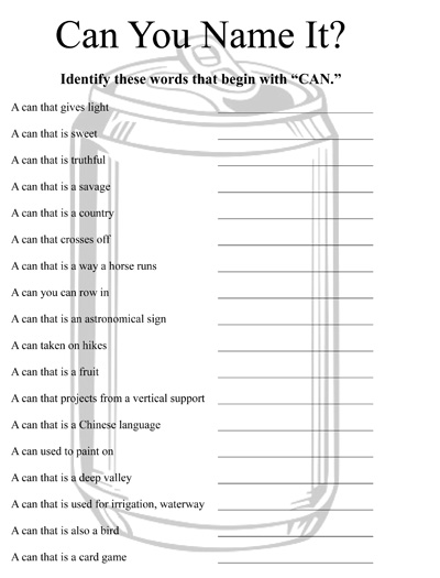 Can You Name It Game Sheet